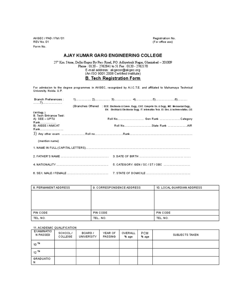 B Tech Regis Form | PDF | Electrical Engineering | Government