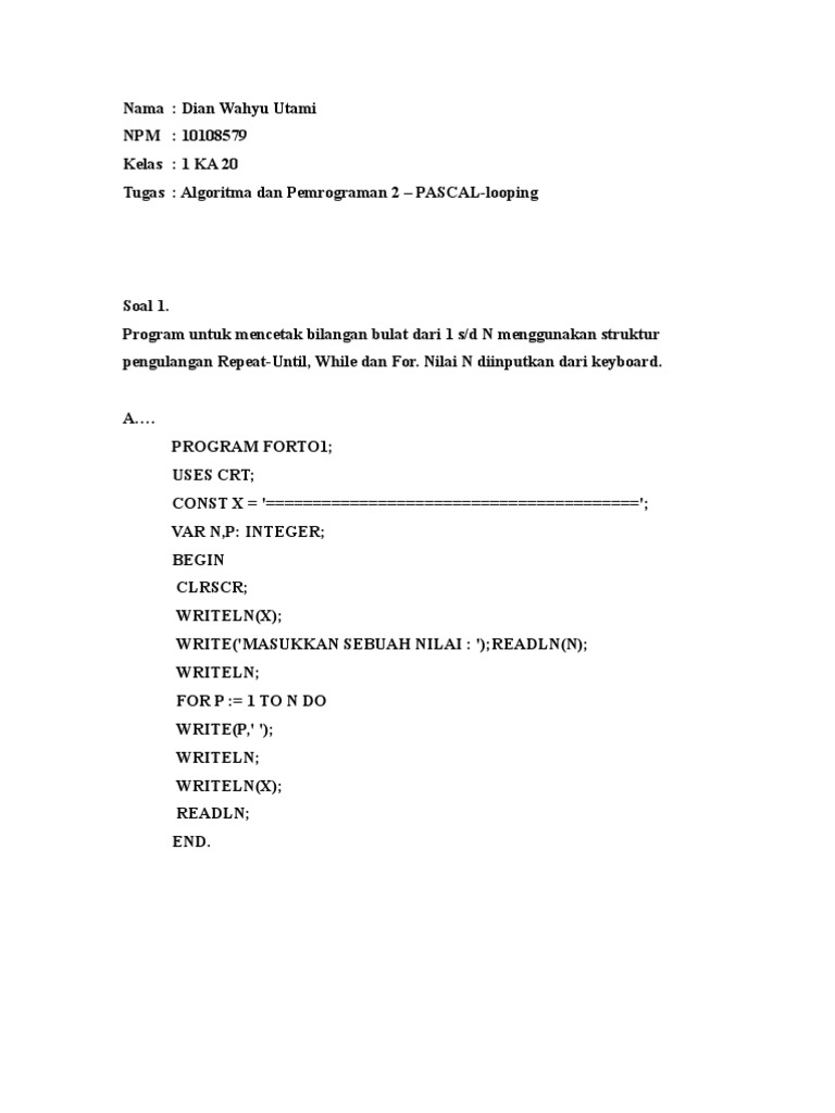 Tugas3: Algoritma Dan Pemrograman 2-PASCAL-looping | PDF