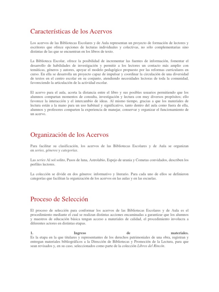 Características de Los Acervos | PDF | Biblioteca escolar | Bibliotecas