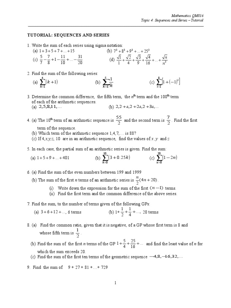 Tutorial Questions | Summation | Series (Mathematics)