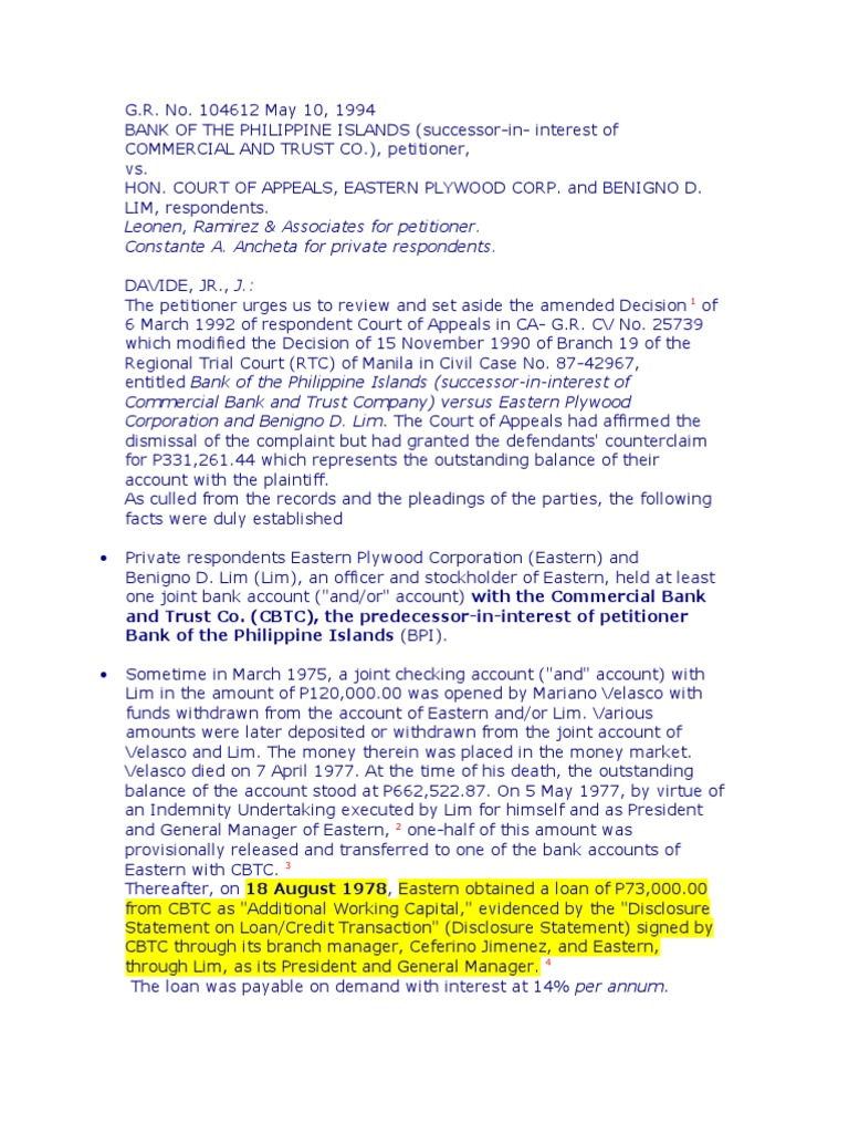Bpi vs. Ca | PDF | Promissory Note | Deposit Account