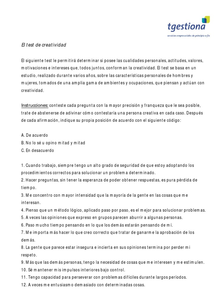 Test de La Creatividad | PDF | Creatividad | Sicología