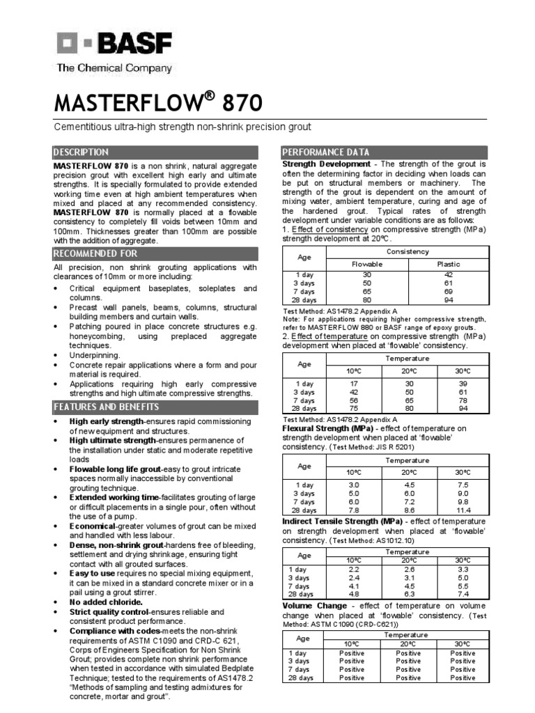 Masterflow 870 TDS | Download Free PDF | Strength Of Materials | Concrete