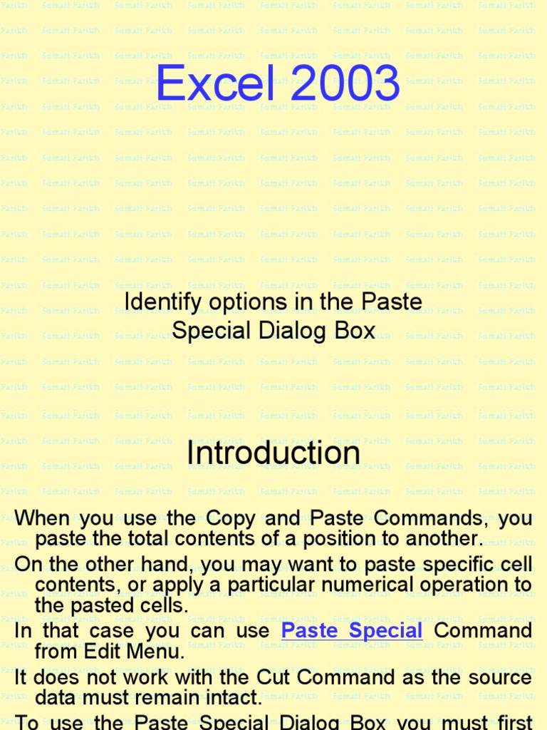 Excel 2003 Paste Special Dialog Box | Download Free PDF | Microsoft Excel | Menu (Computing)