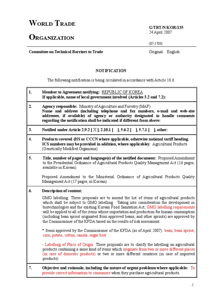 TBT GMO Labelling Ogtbtn07KOR135 | PDF | Genetically Modified Organism ...