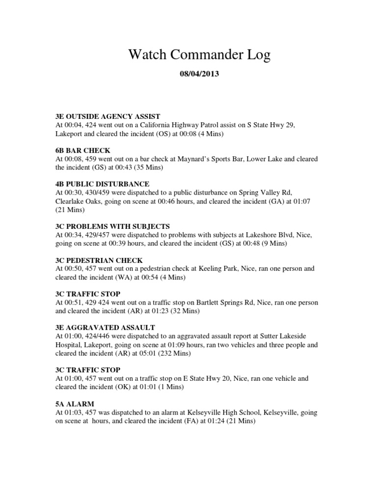 Watch Commander Log: 3E Outside Agency Assist | PDF | Traffic | Law ...