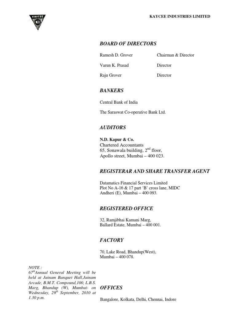 Board of Directors: Chartered Accountants 65, Sonawala Building, 2 ...