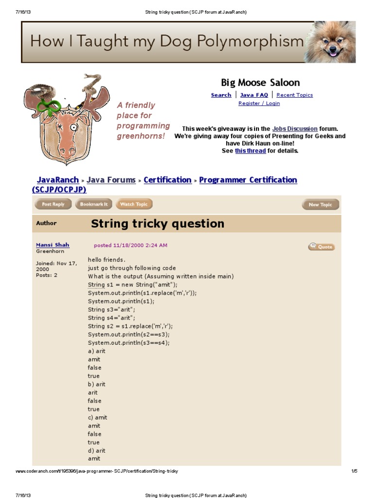 String Tricky Question (SCJP Forum at JavaRanch) | PDF | Object Oriented Programming ...