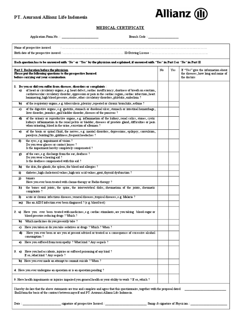 PT. Asuransi Allianz Life Indonesia: Medical Certificate | PDF | Kidney ...