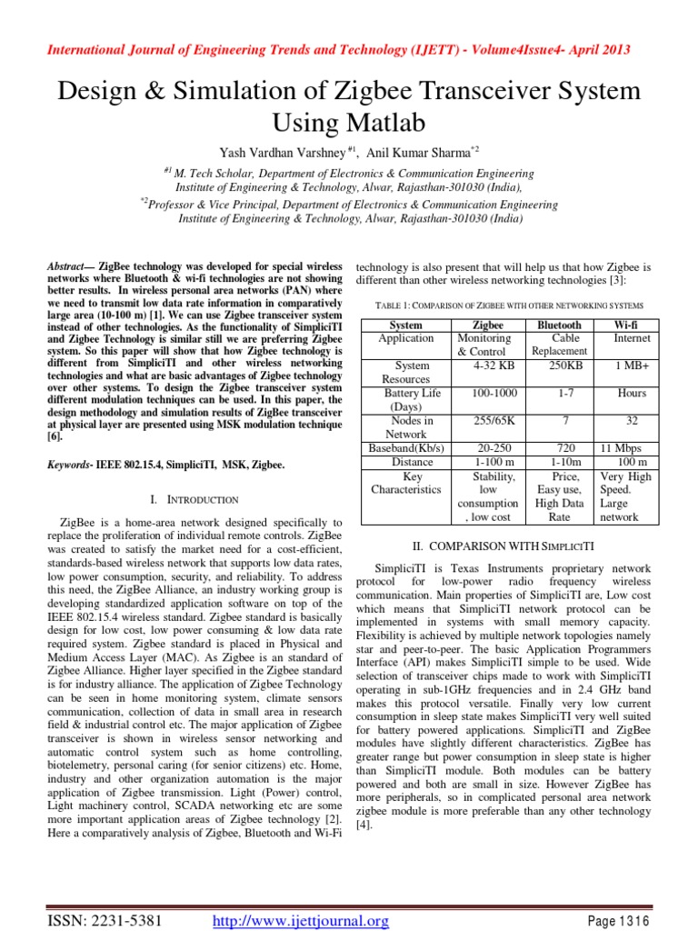 Design & Simulation of Zigbee Transceiver System Using Matlab | PDF ...