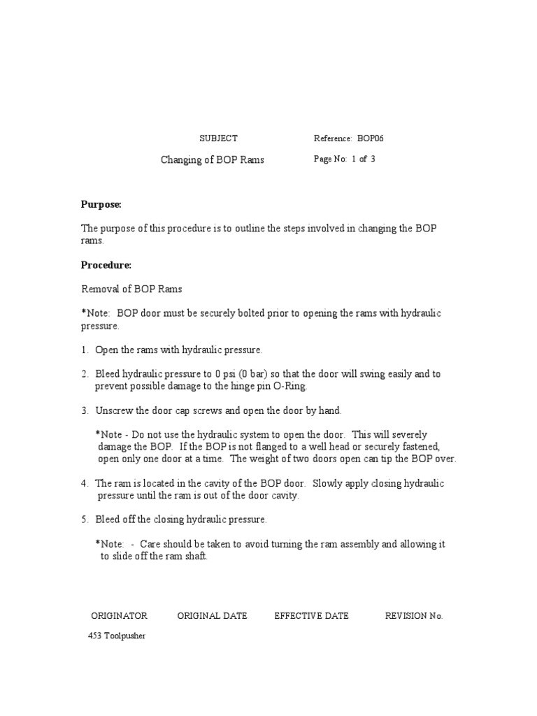 BOP Rams Change Procedure Guide | PDF | Door | Screw