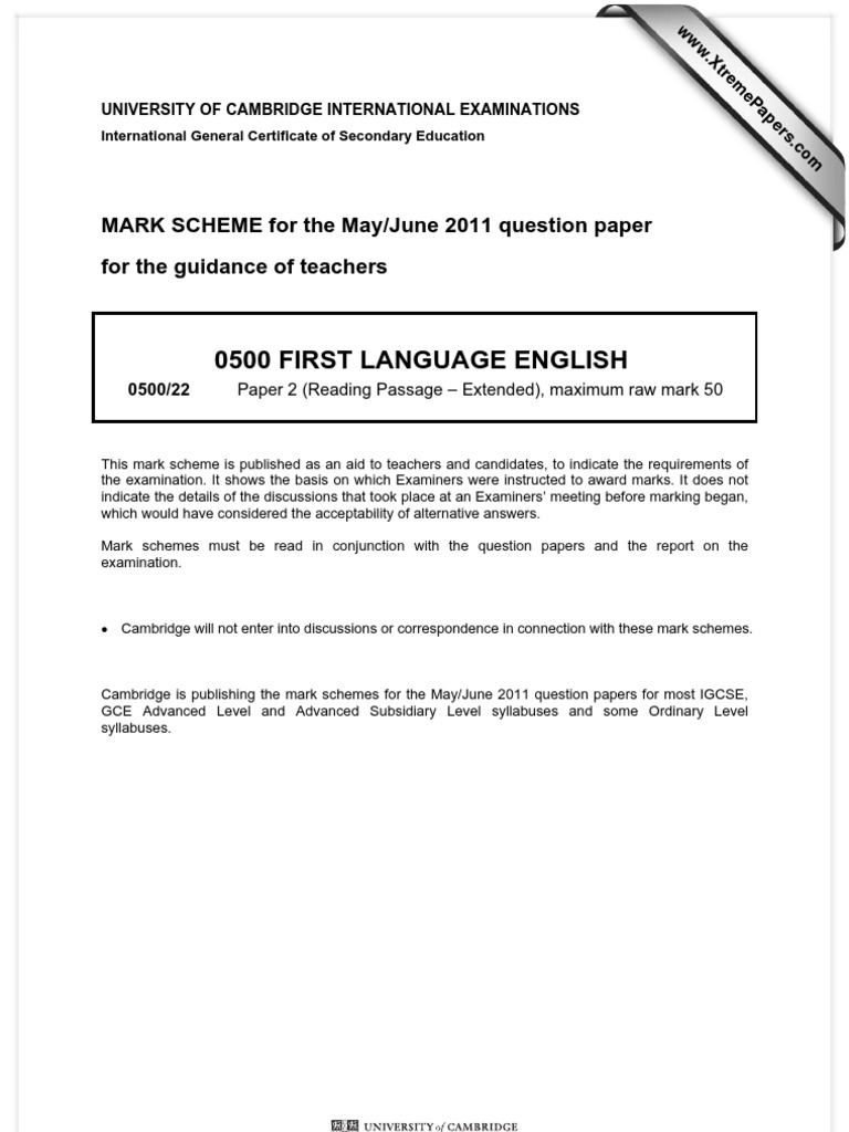 0500 First Language English: MARK SCHEME For The May/June 2011 Question ...