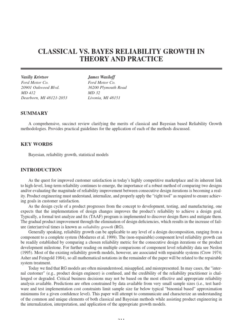 Classical vs. Bayes Reliability Growth in Theory and Practice | PDF | Bayesian Inference ...
