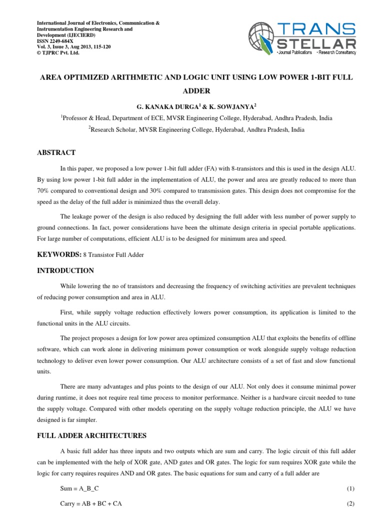 Area Optimized Arithmetic and Logic Unit Using Low Power 1-Bit Full Adder | PDF | Logic Gate ...