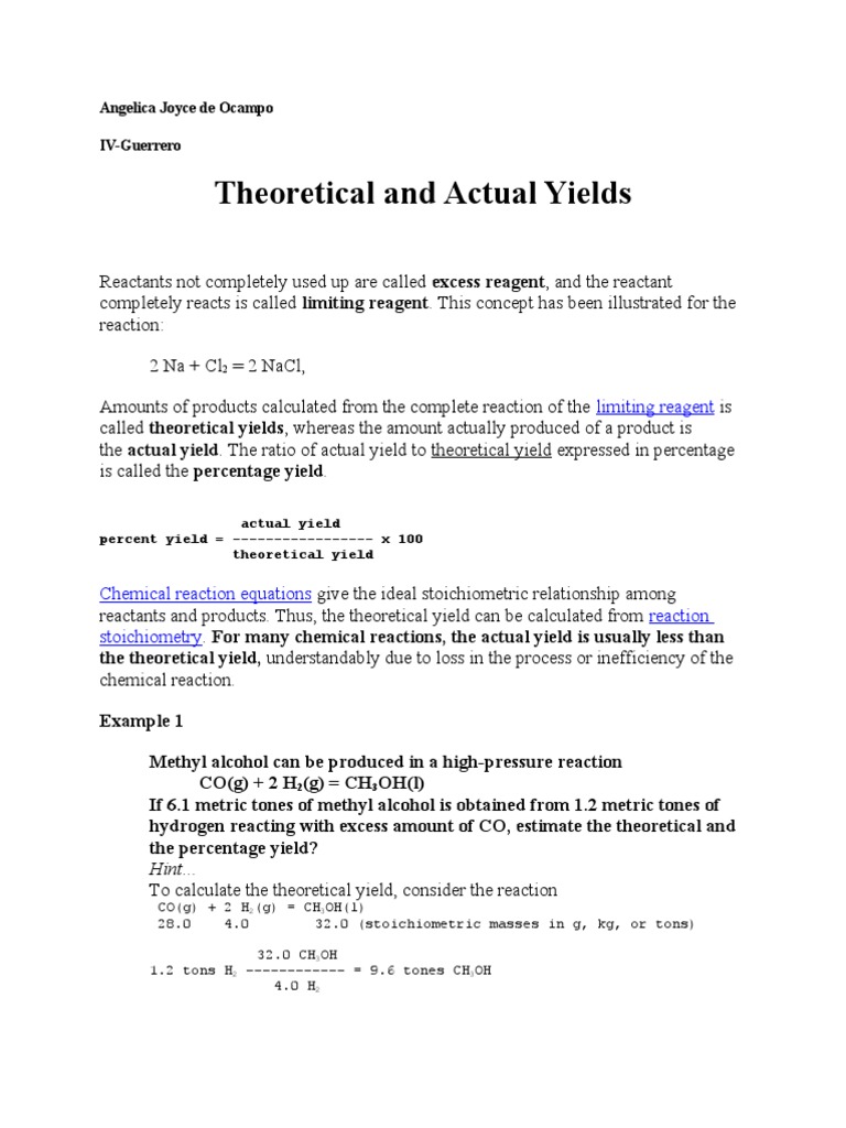 Actual vs Theoretical Yield Explained | PDF | Stoichiometry | Chemical ...