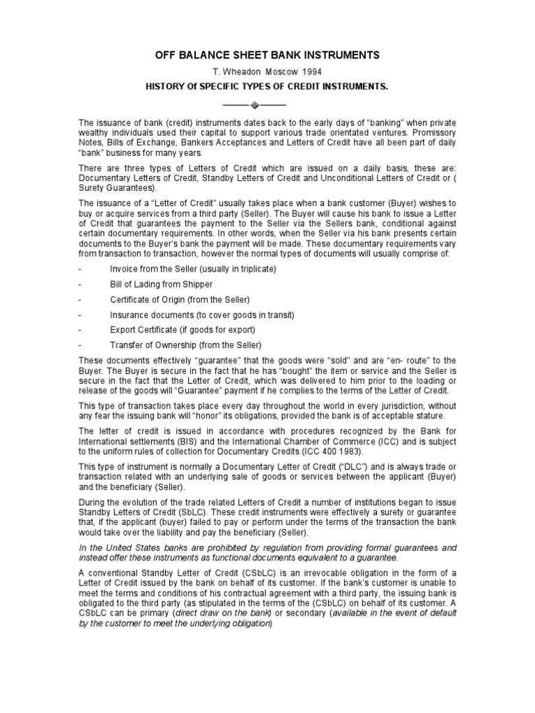 Off Balance Sheet Bank Instruments | PDF | Letter Of Credit | Debits ...