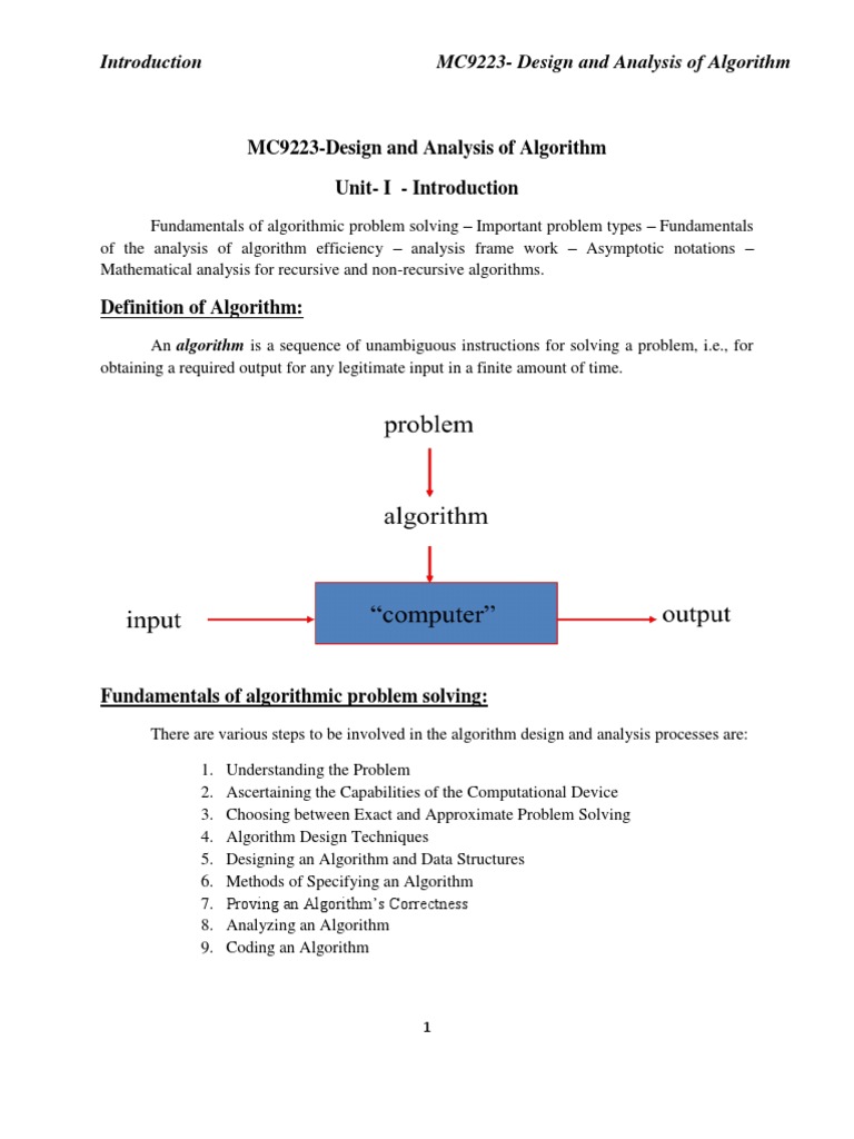 MC9223-Design and Analysis of Algorithm Unit-I - Introduction | PDF | Time Complexity | Algorithms
