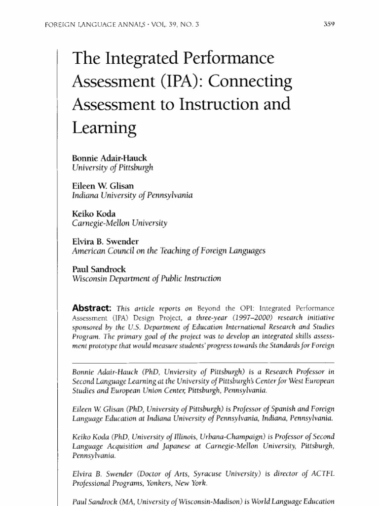 The Integrated Performance Assessment (IPA) Connecting Assessment To ...