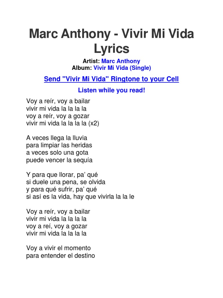 Letra de "Vivir Mi Vida" de Marc Anthony | PDF | Música grabada ...