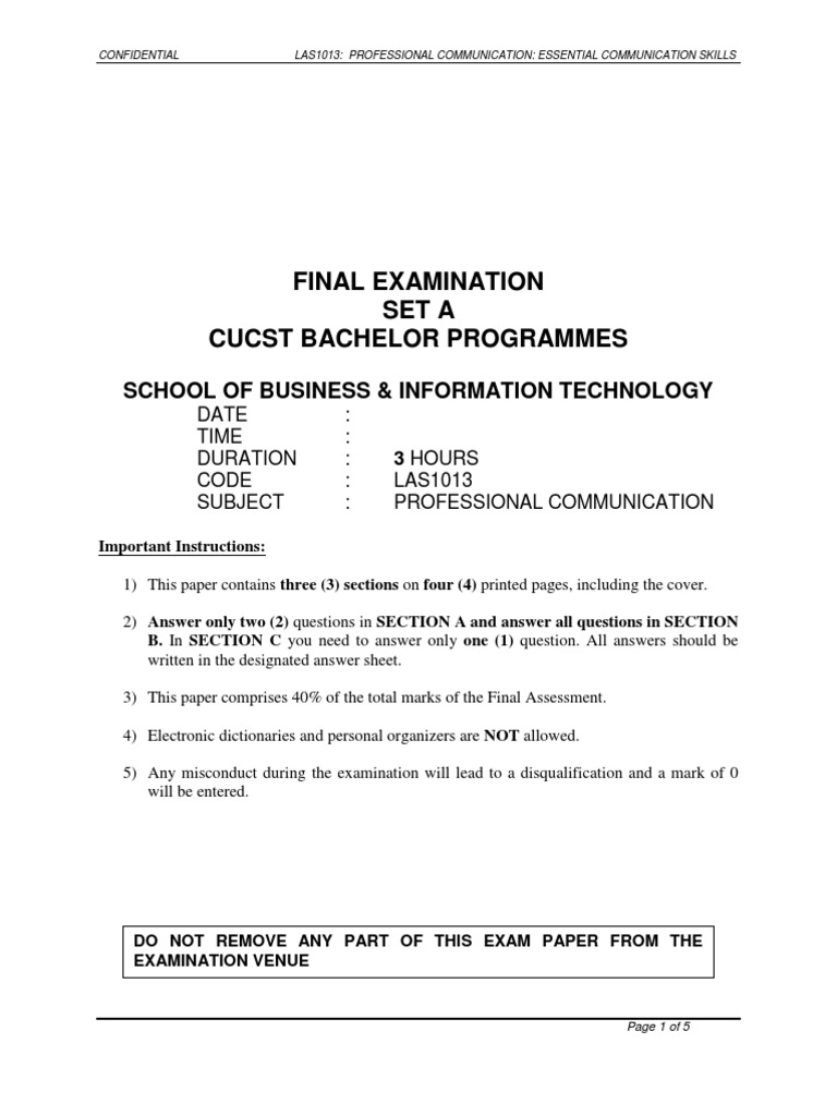Professional Communication Exam LAS1013 | PDF | Public Speaking | Test ...