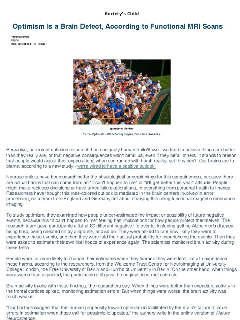Optimism Is A Brain Defect, According To Functional MRI Scans | PDF ...