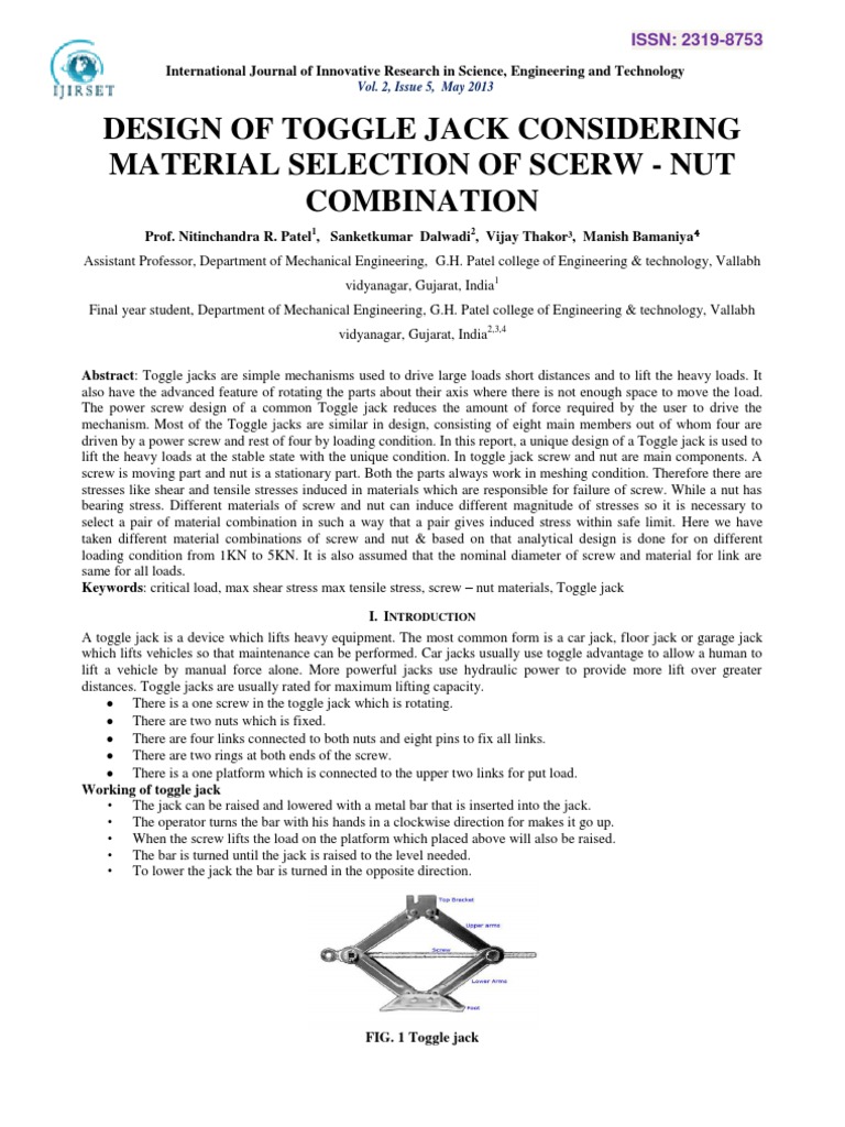 Design of Toggle Jack Considering Material Selection of Scerw - Nut ...