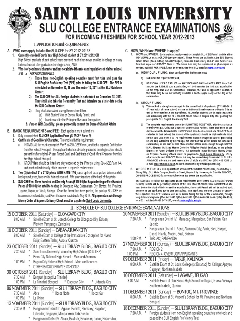 Slu College Entrance Examinations: Saint Louis University | PDF