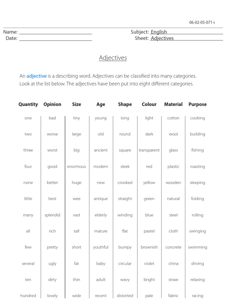Adjective Categories for English Learning | PDF | Home & Garden