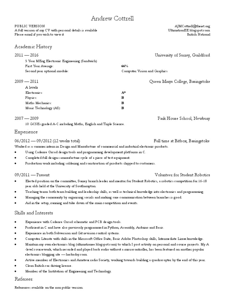 Andrew Cottrell CV Public Version | PDF | Electronics | Robotics