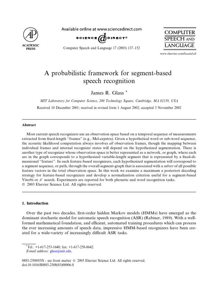 A Probabilistic Framework For Segment-Based Speech Recognition | PDF | Speech Recognition ...