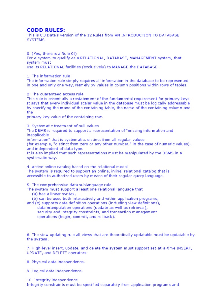 Codd Rules Relational Model Databases