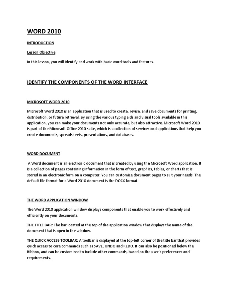 WORD 2010: Identify The Components of The Word Interface | PDF ...