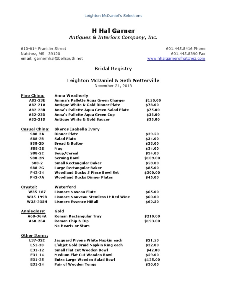 Leighton McDaniel's Bridal Registry Selections | PDF