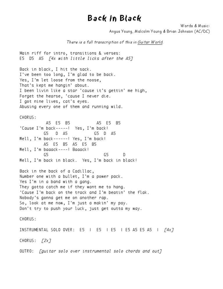 Guitar Chords For Back In Black