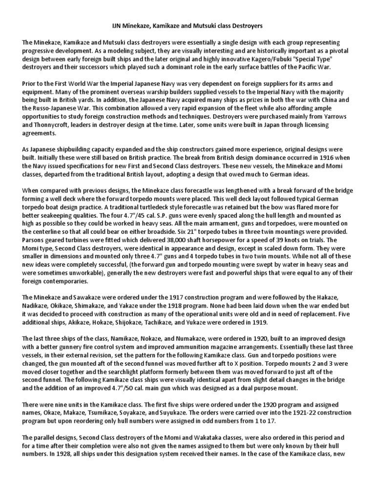IJN Minekaze, Kamikaze and Mutsuki Class Destroyers | PDF | Destroyer ...