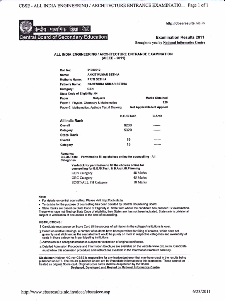 AIEEE 2011 Provisional Rank Card | Download Free PDF | University And ...