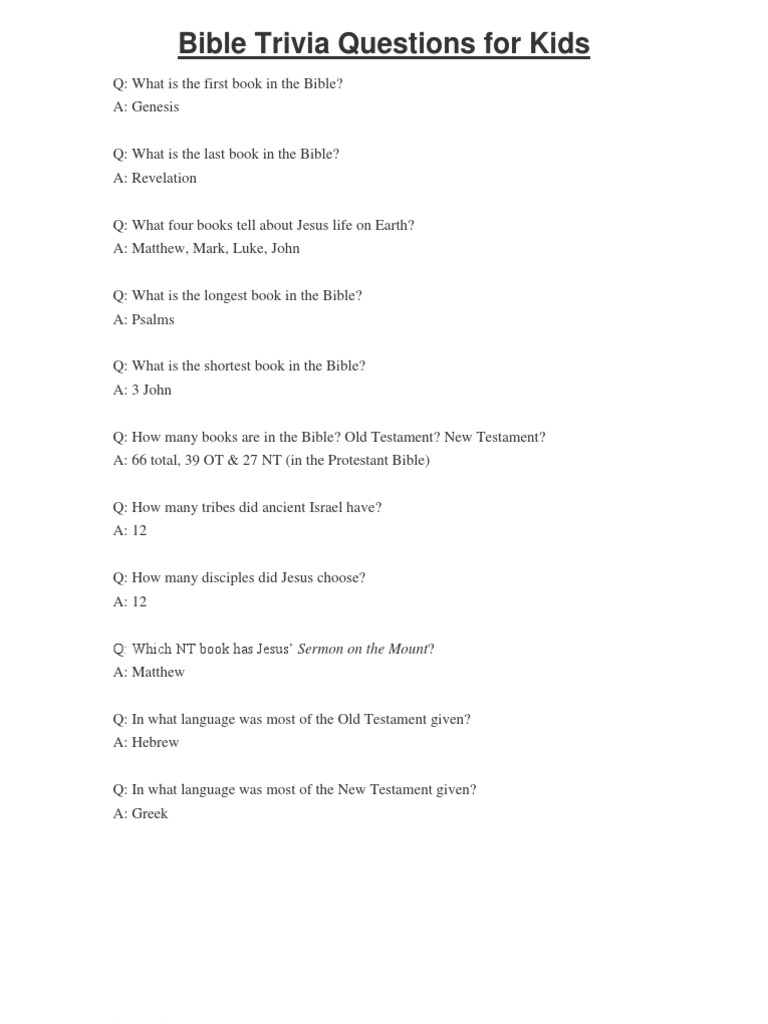 Bible Trivia Questions - Bible Challenges For Kids | PDF | Bible | New ...