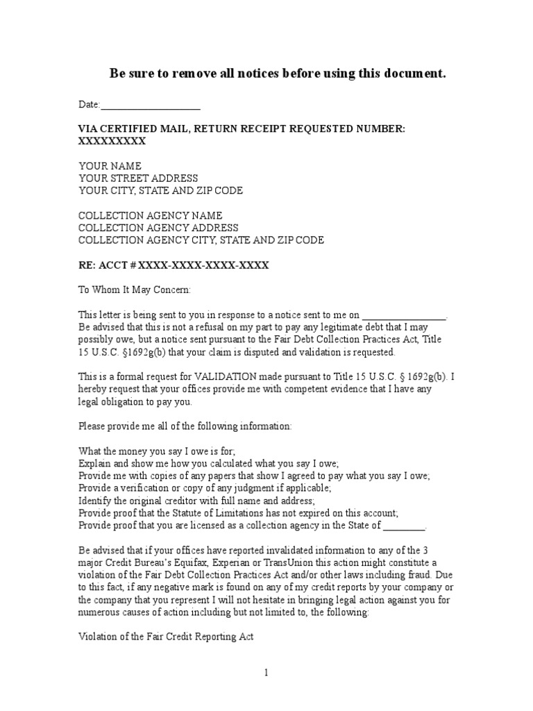 Sample Debt Validation Letter To Collection Agency Collection Agency 