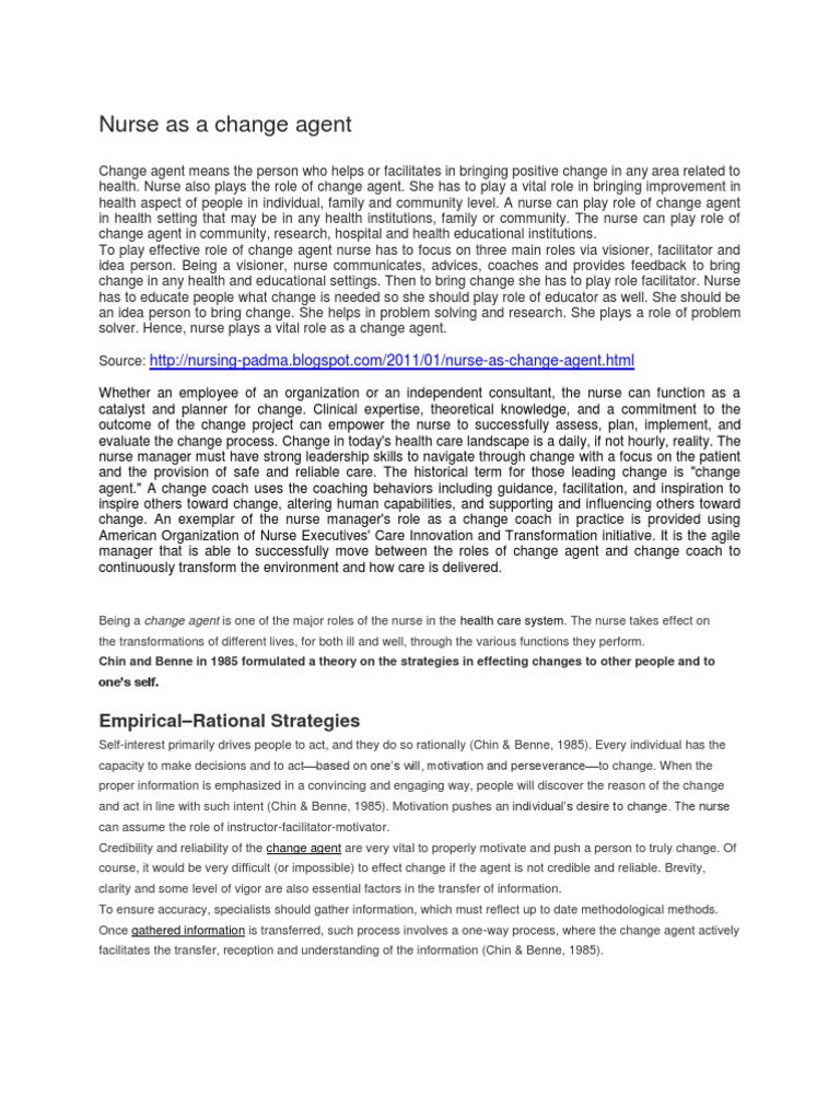 Nurse As A Change Agent | Health Care | Nursing