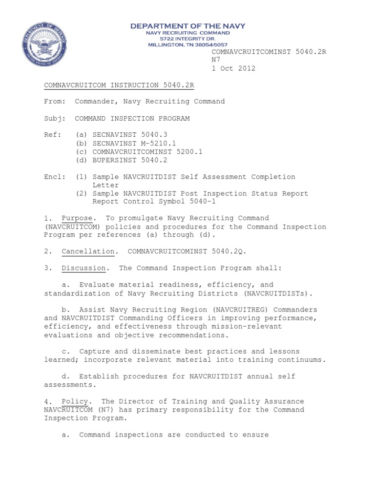COMNAVCRUITCOMINST 5040.2R Command Inspection Program | PDF | Inspector ...