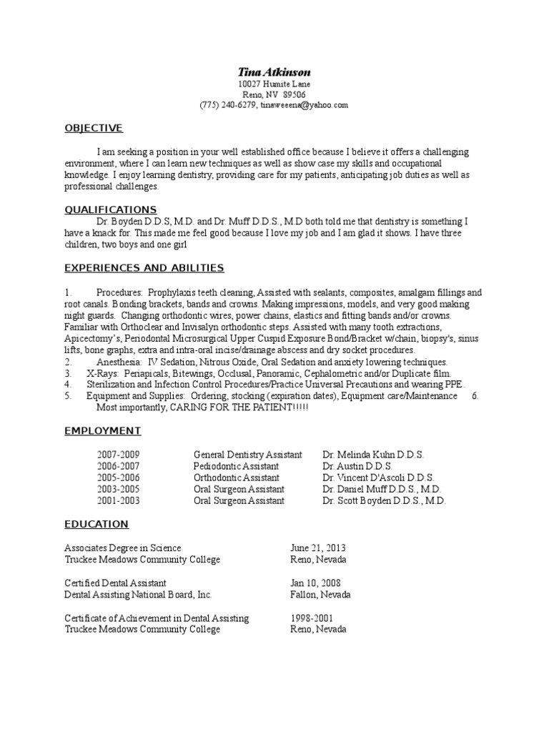 Dental Assistant Resume of Tina Atkinson | PDF