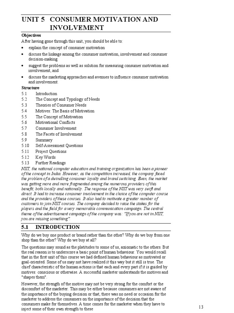 Unit-5 Consumer Motivation and Involvement | PDF | Motivation ...