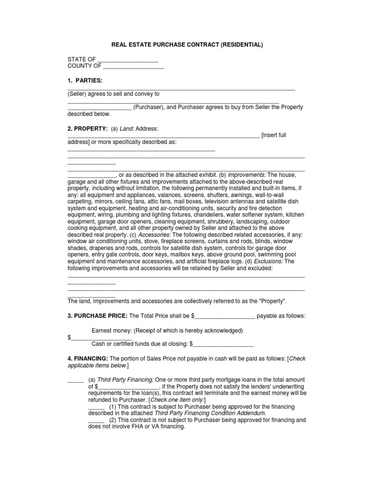Real Estate Purchase Contract - Residential | PDF | Federal Housing ...