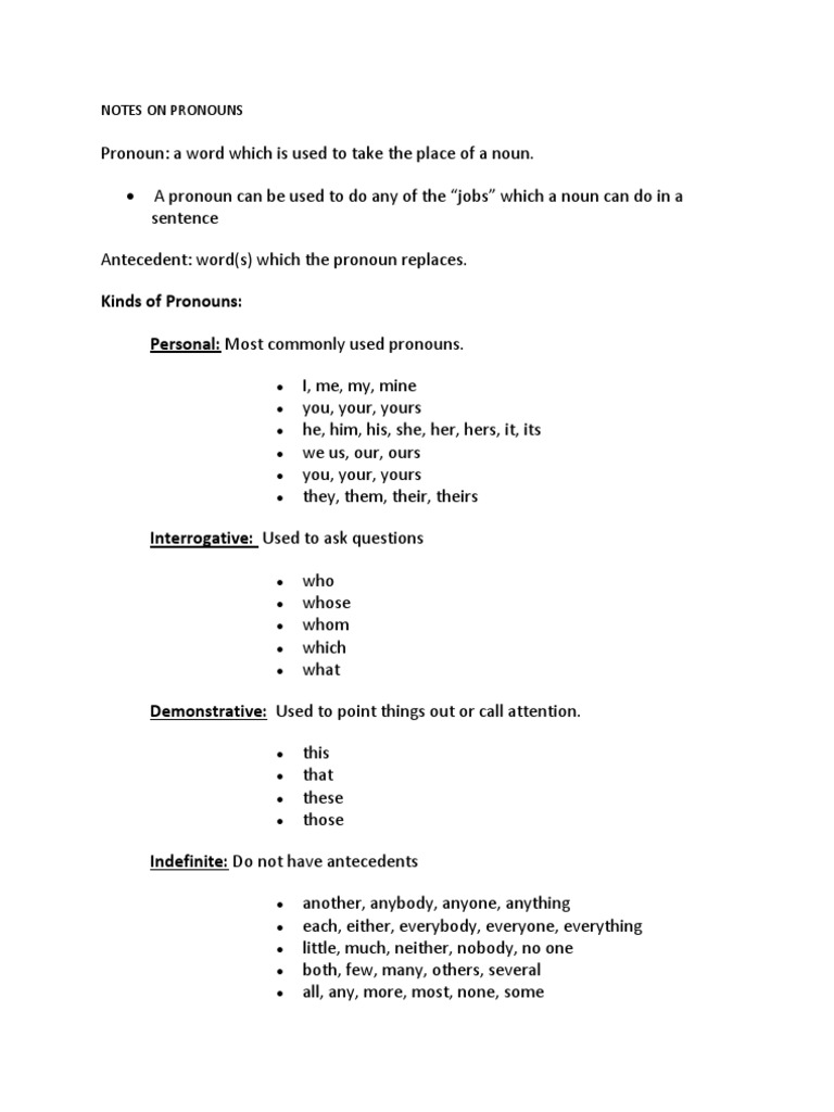 Notes on Pronouns | Pronoun | Grammatical Gender