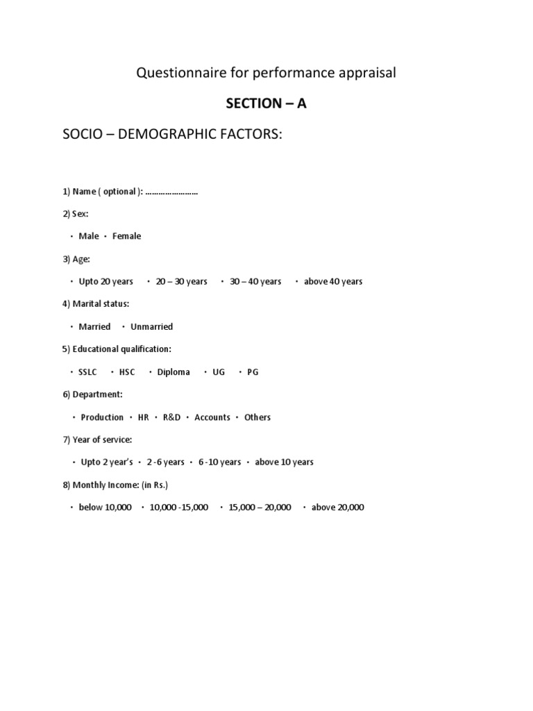 Questionnaire On Performance Appraisal | PDF | Performance Management ...