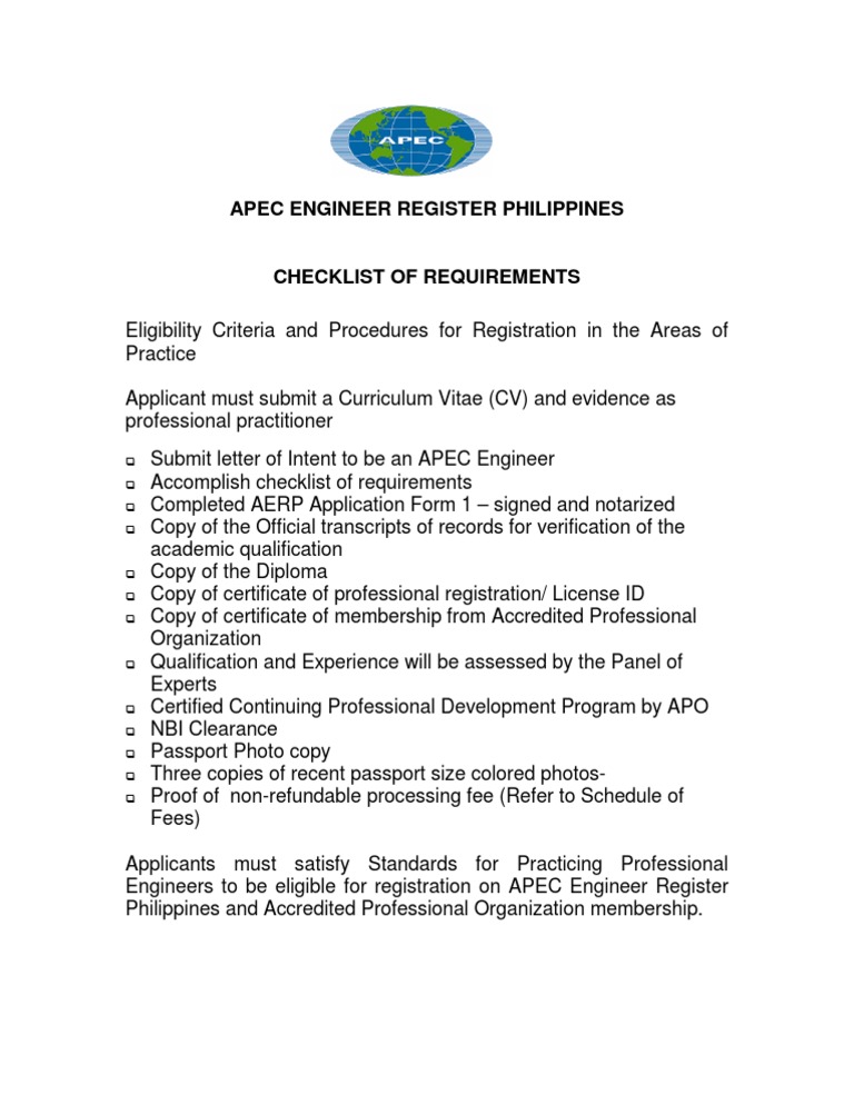 Apec Engineer Register Philippines Checklist of Requirements | PDF ...