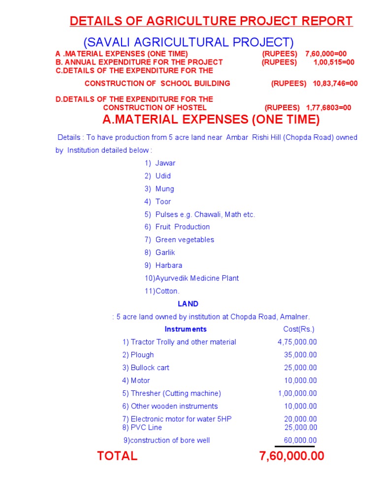 (Savali Agricultural Project) : Details of Agriculture Project Report ...