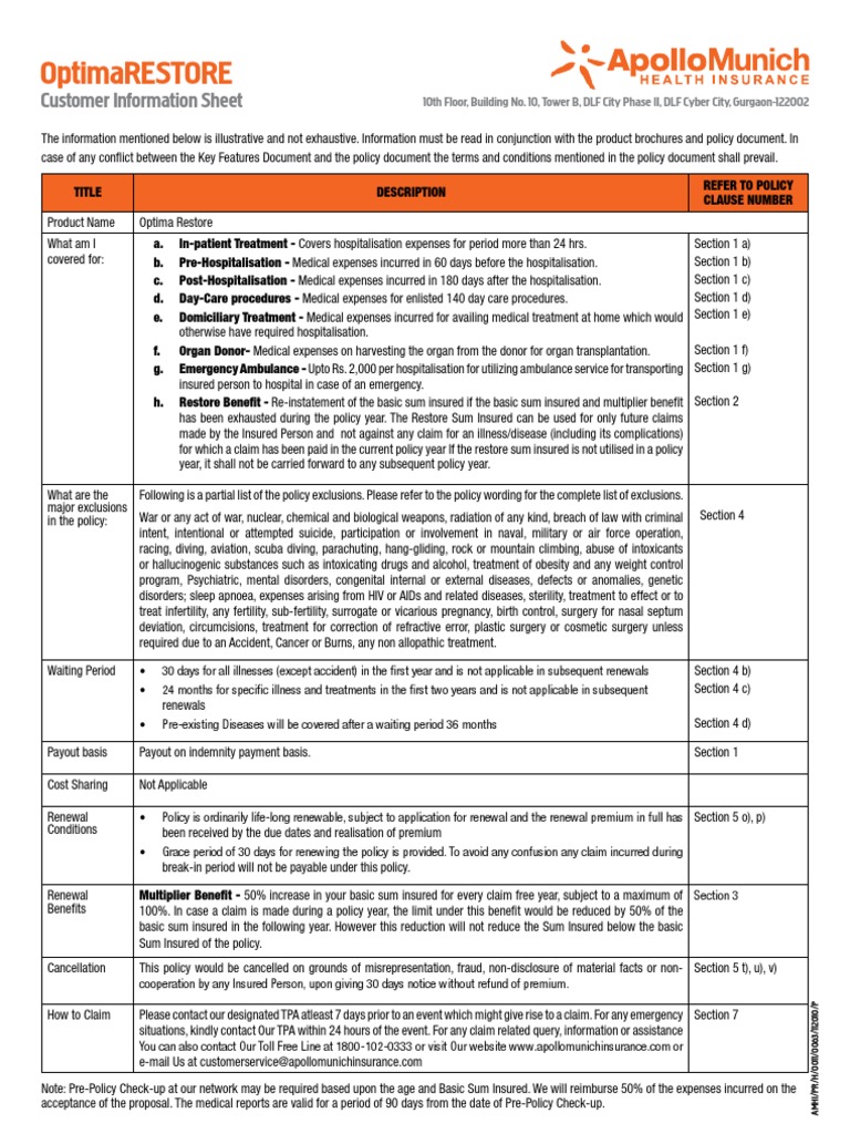 Optima Restore Policy Wordings | PDF | Insurance | Hiv/Aids