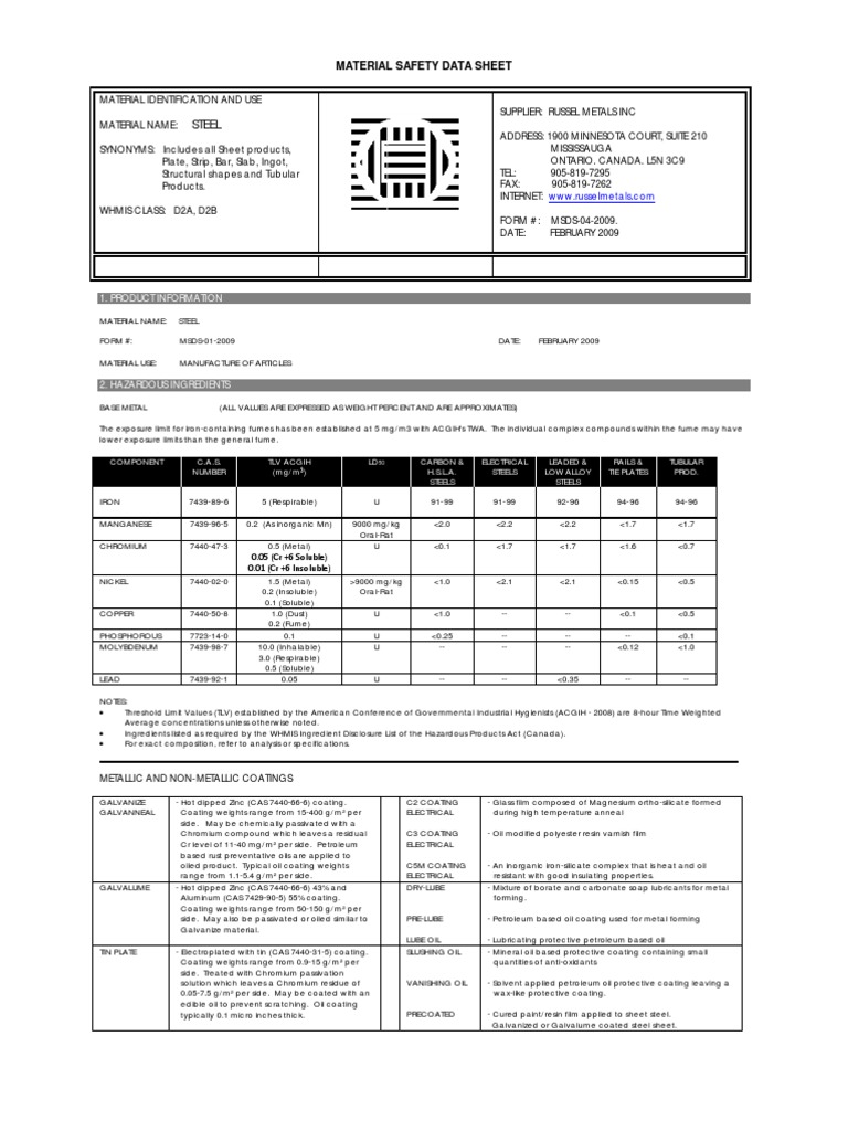 Russel Metals MSDS-01-Steel (2009) PDF | PDF | Chromium | Rust