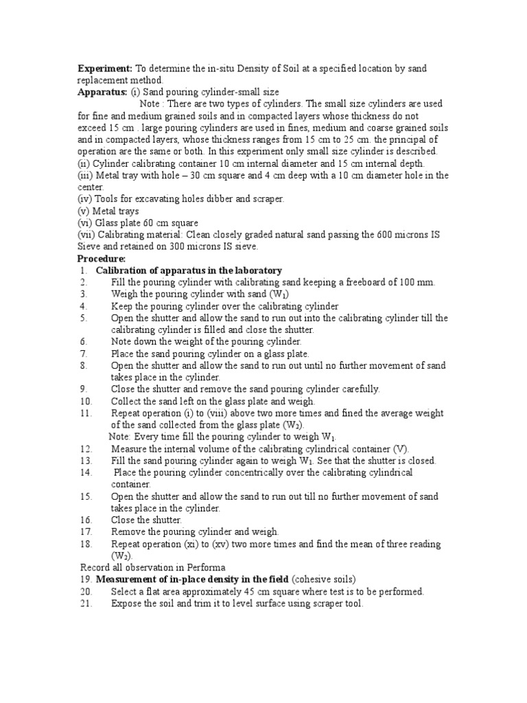 Sand Replacement Method for Soil Density | PDF | Density | Sand